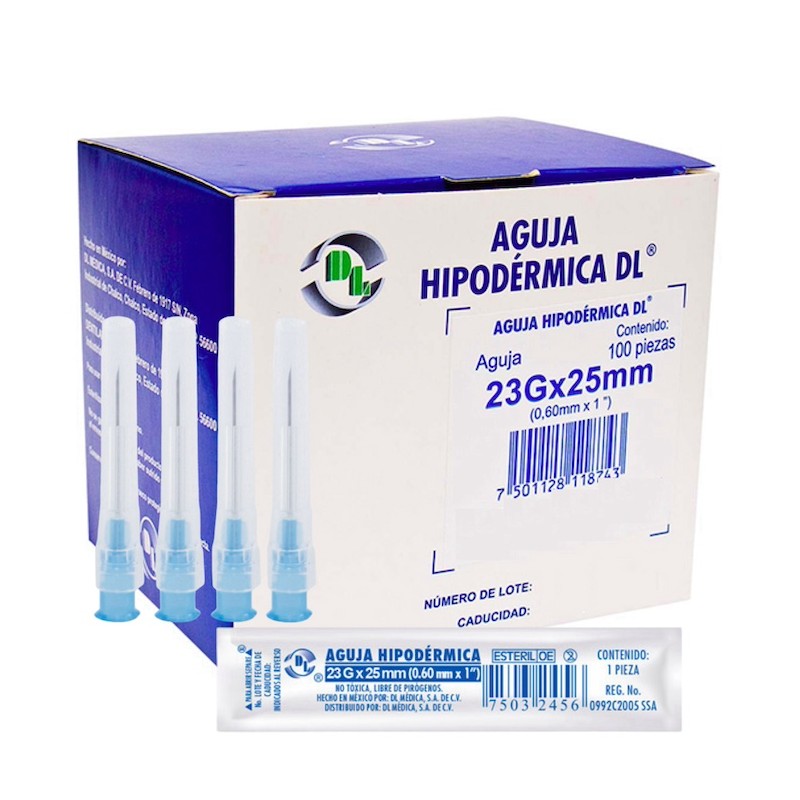 Aguja Hipodérmica DL calibre 23Gx25mm. Envase con 100 piezas.