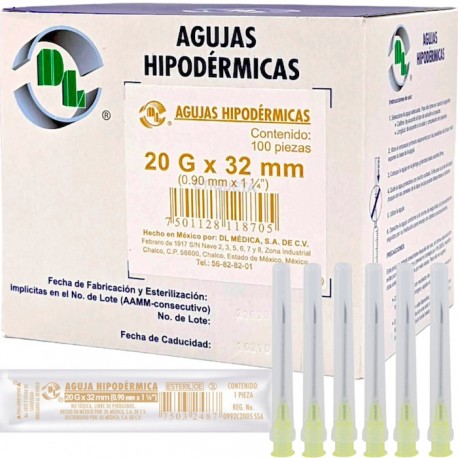 Aguja Hipodérmica DL calibre 20Gx32mm. Envase con 100 piezas.